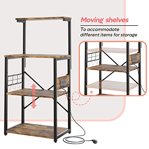 Bestier Bakers Rack with Power Outlet, 4-Tier Kitchen Microwave Stand, Coffee Bar with 6 S-Shaped Hooks, Rolling Storage Shelf Rack with Adjustable Shelf for Kitchen, Living Room - Rustic Brown