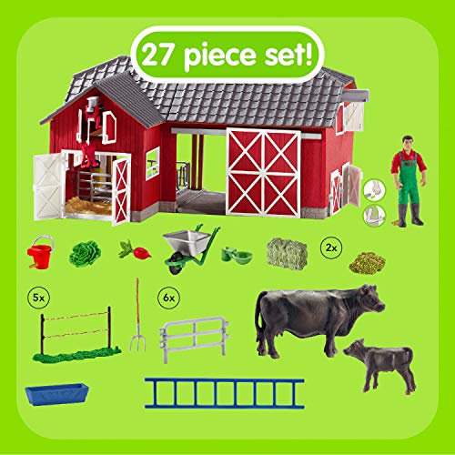 Schleich Red Barn Playset with Cows, Farmer, Tractor, and Farm Life Accessories - 27-Piece Set for Kids Ages 3+