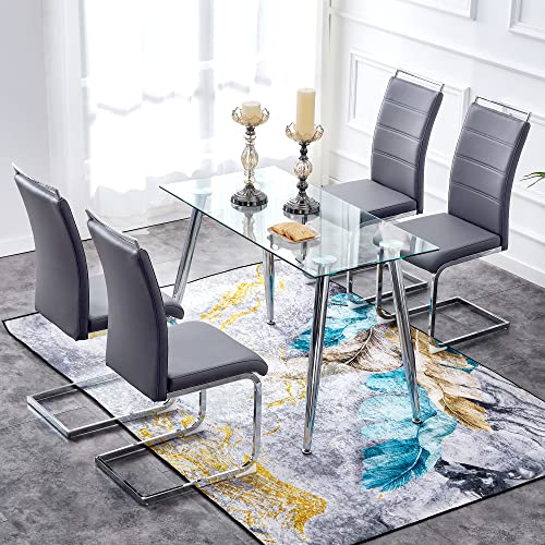 FATFISH Modern Dining Chairs, PU Faux Leather High Back Upholstered Side Chair Transverse Stripe Backrest Design for Dining Room Kitchen Vanity Patio Club Guest Office Chair (Set of 4) (Gray+PU)
