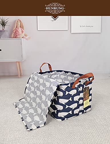 HUNRUNG Storage Boxes with Lids Rectangle/Square Storage Bins,Storage Basket Cute Canvas Organizer Bin for Pet/Children Toys, Books, Clothes Perfect for Rooms(Rec-Blue Whale-with lid)