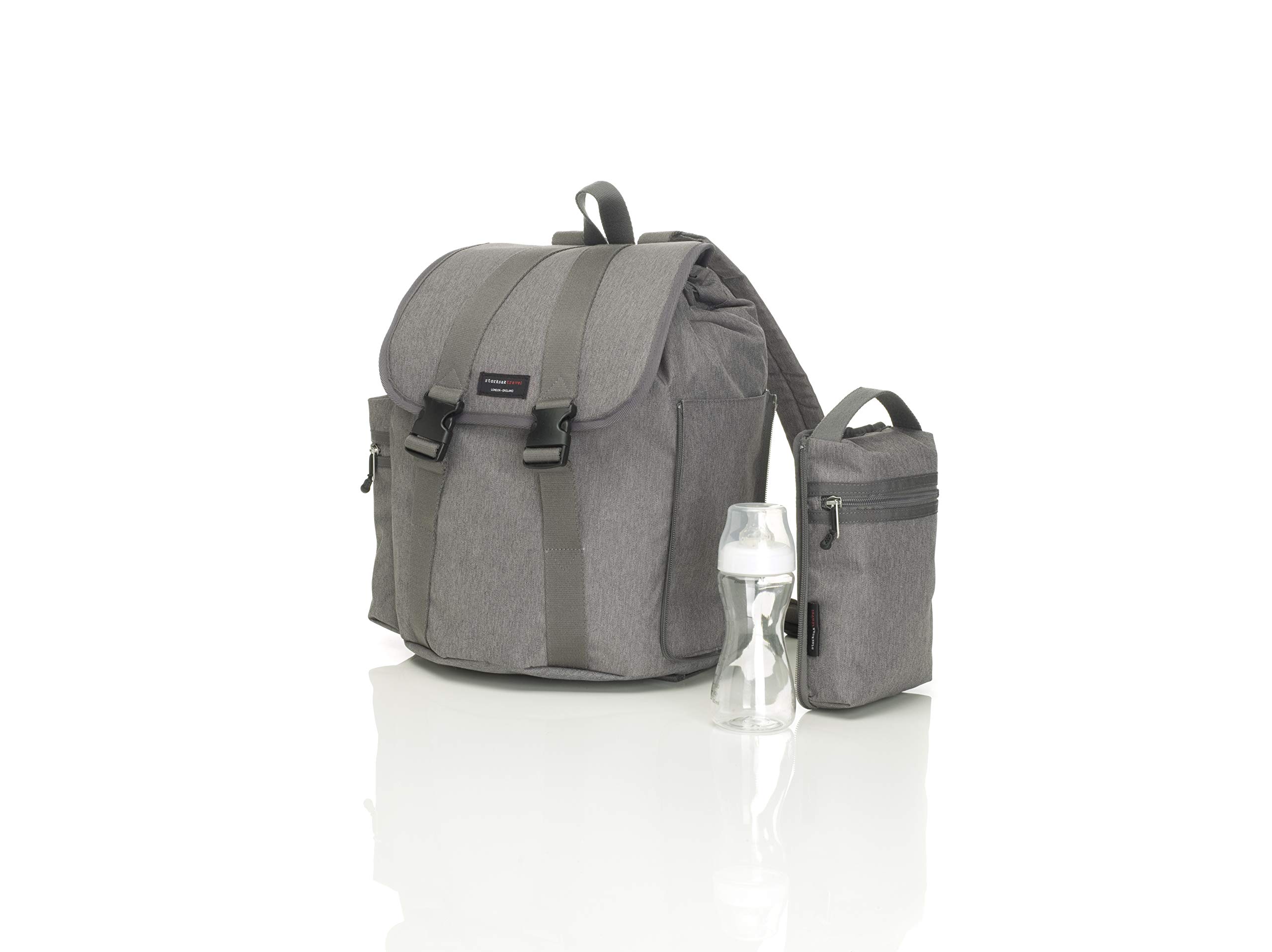 Storksak - Large, Multi-Functional, Waterproof, Travel Backpack Baby Diaper Changing Bag with Napkin Pad Holder, Fold-Out Changing Mat and Shoulder Straps, Grey