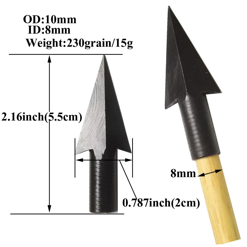 AMEYXGS 6/12pcs 8mm Diameter Metal Traditional Broadheads Archery Glue on Arrowheads for Wooden Bamboo Arrows (12)