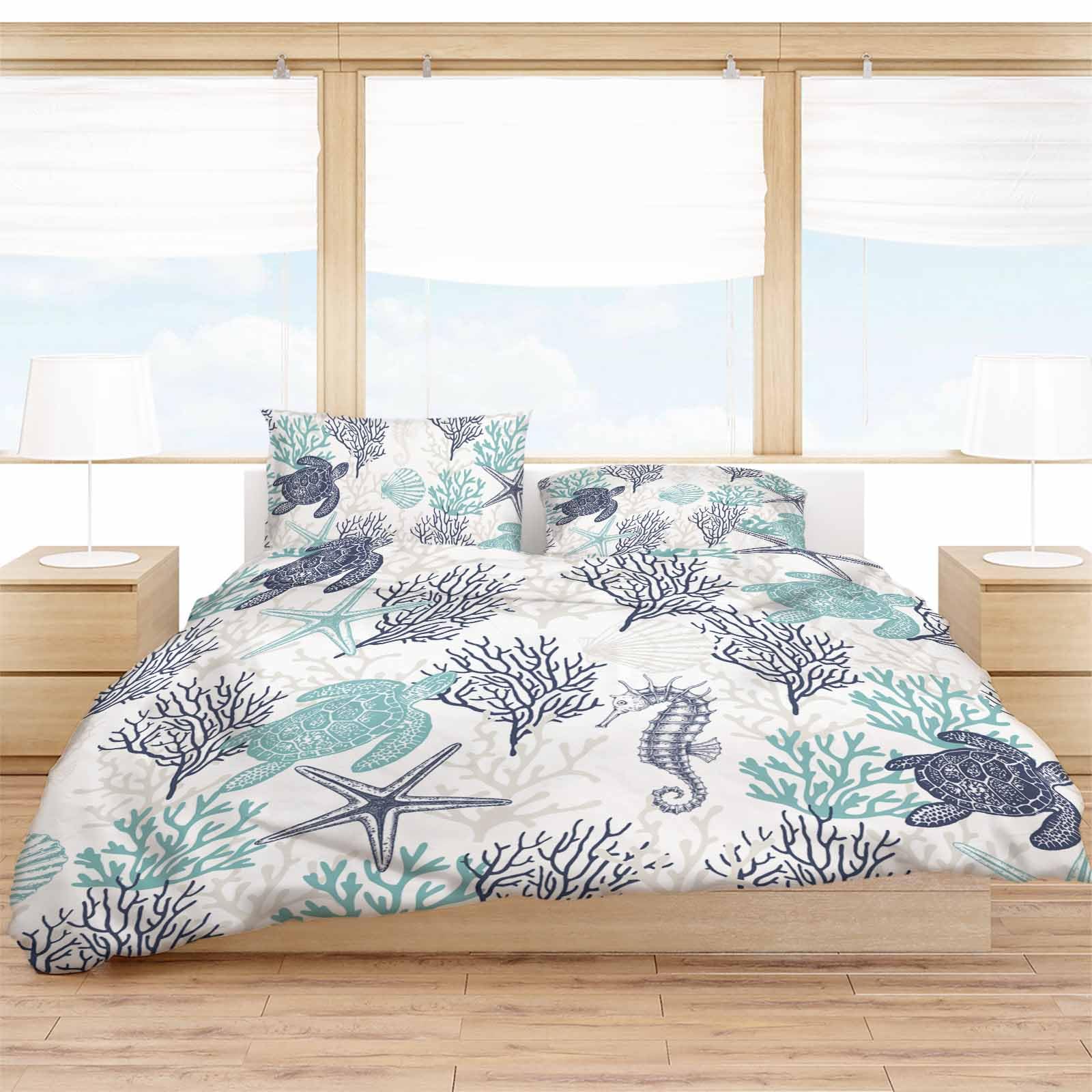 Lsrtoss Teal Blue Coastal Queen Duvet Cover Set for All Season, Sea Turtle Nautical Coral Summer Beach Microfiber 3 Piece Bedding Set with 2 Pillowcases & 1 Quilt Cover, 90" W x 92" L, Queen Size