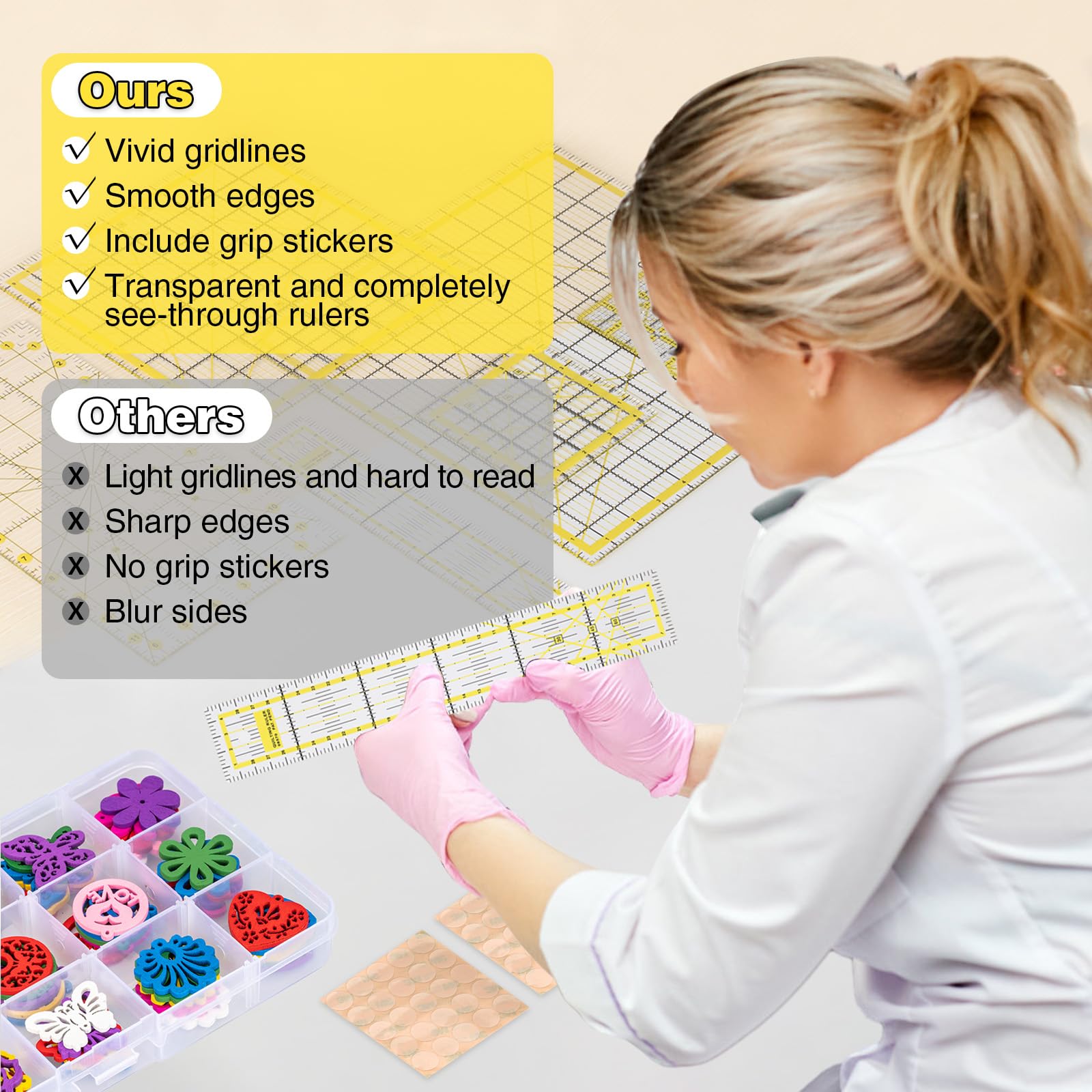 7 PCS Acrylic Quilting Ruler Set, Non Slip Rings 50 Pieces, Fabric Cutting Ruler with Double-Colored Grid Lines, Clear Mark Square Acrylic Ruler Quilting Templates for Sewing, Drawing and Crafts