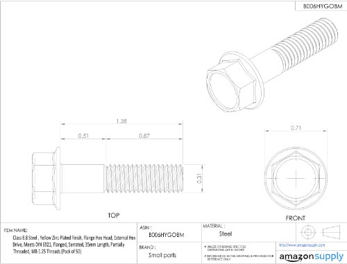 Class 8.8 Steel Cap Screw, Yellow Zinc Plated Finish, Flange Hex Head, External Hex Drive, Meets DIN 6921, Flanged, Serrated, 20mm Length, M8-1.25 Metric Coarse Threads, Imported (Pack of 50)