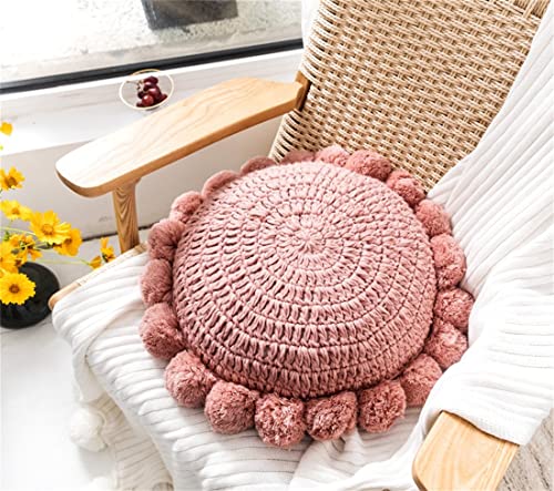 Bohemian Round Pillow 20 Inch | 100% Cotton Decorative Pillow Hand Tufted with Chunky Textured Poms | Boho Throw Pillow for Bed or Couch | Natural Pink Throw Pillow