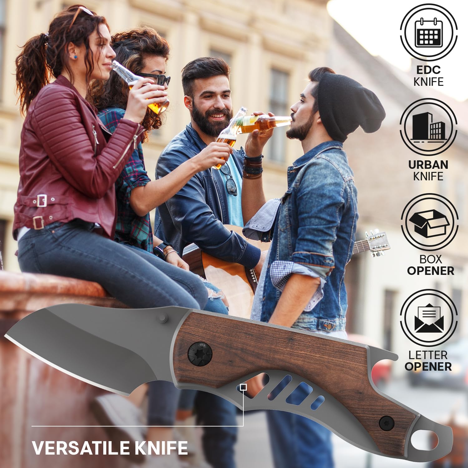 Small Pocket Knife for Men - 5.7ββ Keychain Knife with Bottle Opener - Box Cutter - Wood Handle - Liner Lock - Legal Mini EDC Folding Knife - Cool Sharp Tiny Knives - Gift for Everyone 6779N