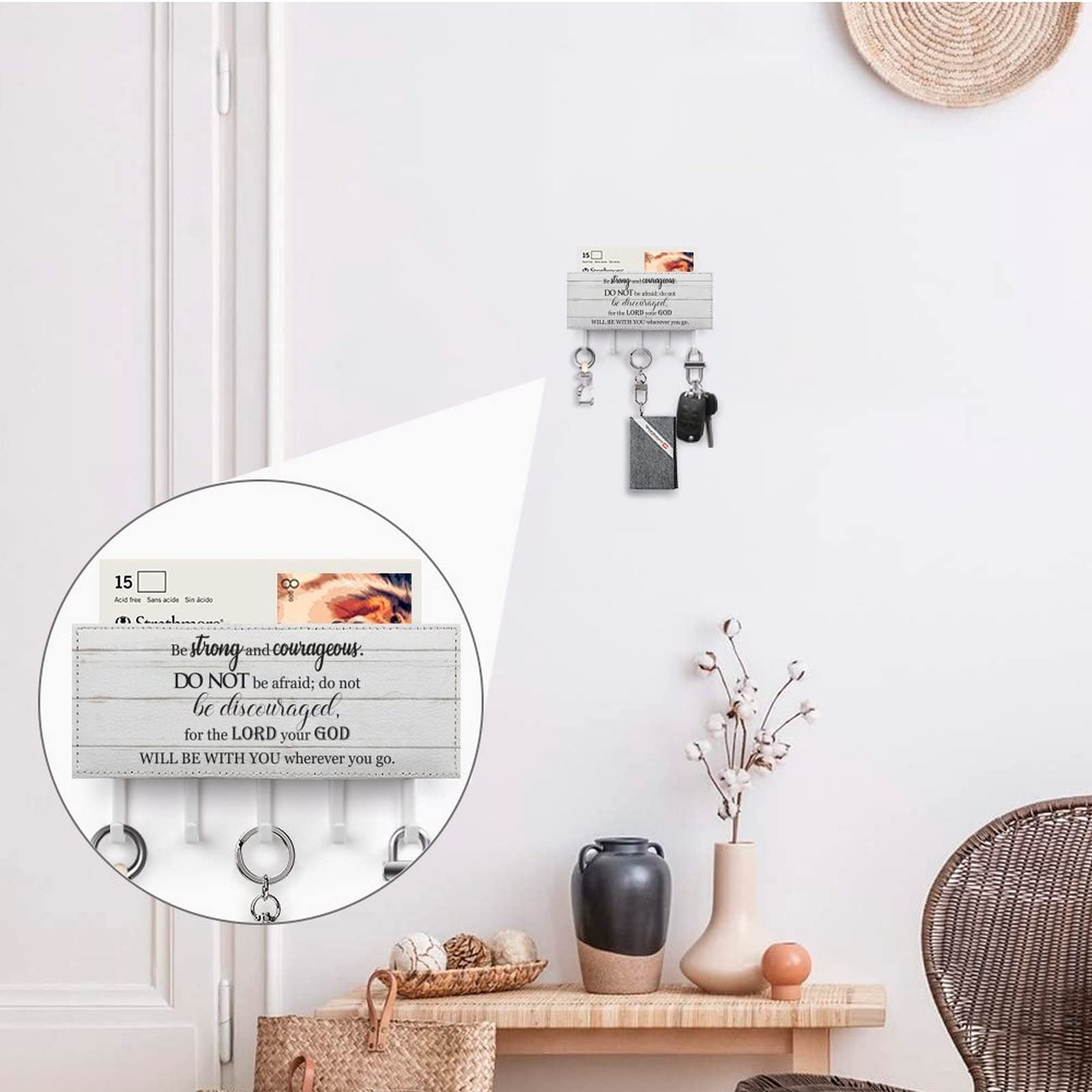 Be Strong and Courageous Do Not Be Afraid Key Holder Wall Mount Key Hanger Saying Quote Self Adhesive Key Hanging Rack Farmhouse Decorative for Entryway Front Door Kitchen Hallway 7x4 inch