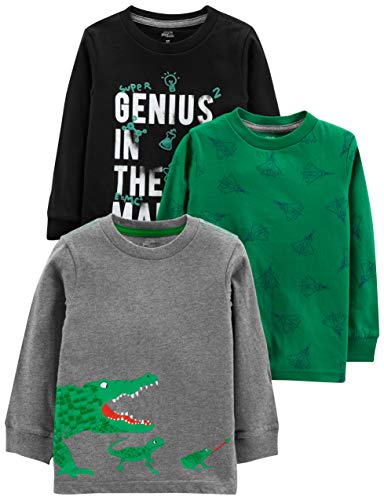 Simple Joys by Carter's Boys' 3-Pack Long Sleeve Shirts, Black Genius/Green Rocket/Grey Crocodile, 3T