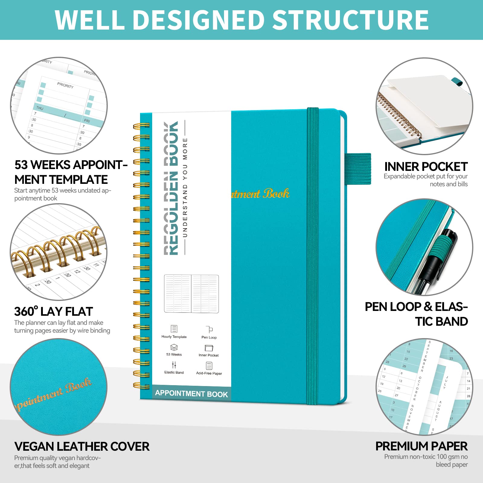 A5 Hardcover Spiral Appointment Notebook Teal