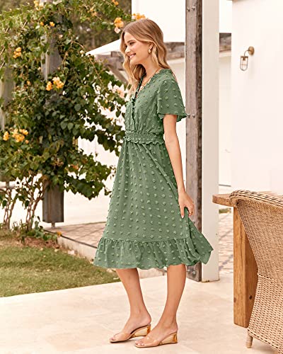 BTFBM Elegant Short Sleeve V Neck Swiss Dot Midi Summer Dresses for Women 2023 Boho Ruffle Long Dresses Ruffle Cocktail Dress(Solid Green,X-Large