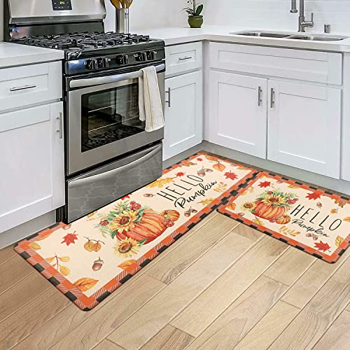 Falflor Fall Kitchen Rug and Mats Pumpkin Sunflower Decorative Kitchen Floor Mats Non Slip Kitchen Rug Heavy Duty Comfort Standing Mats for Kitchen Sink