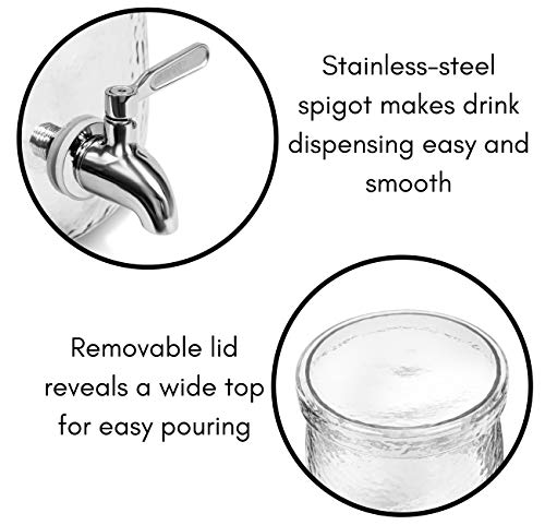 BirdRock Home 1.5 Gallon Hammered Glass Beverage Dispenser with Lid - Stainless Steel Spigot - Decorative Round Jar for Drinks - Lemonade Sangria Tea Water Drink Jar Jug - Home Parties