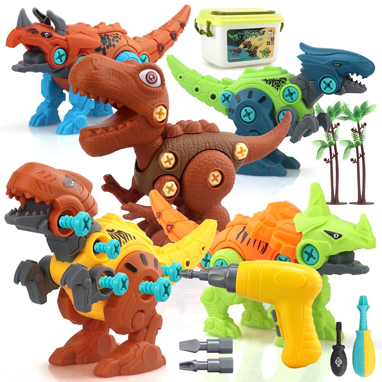 FINOTIC Dinosaur Toys for Kids 3-5 5-7, Take Apart Dinosaur Toy w/Electric Toy Drill for Boys and Girls 3 4 5 6 7 8 Year Old, Educational Building Toy w/Storage Box for Birthday Easter Gift,Set of 5