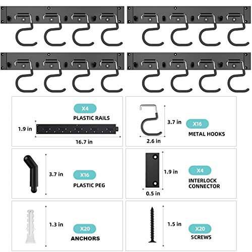 TORACK 64 Inch Garage Hooks Tool Organizer, Adjustable Wall Mounted Garage Hanger Storage System (16 Hooks & 16 Pegs)