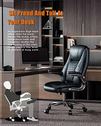 Homy Grigio High Back Ergonomic Office Chair with Adjustable Lumbar Support, Ergonomic Home Office Desk Chair with Wheels PU Leather Computer Chair Executive Office Chair with Flip-Up Arms(Black)