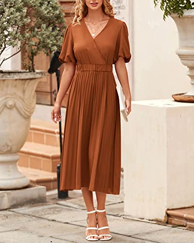 BTFBM Women Casual Dresses 2023 Summer Boho Wrap V Neck Puff Short Sleeve Beach Party Flowy Pleated A-Line Maxi Dress(Solid Brick Red, Large)