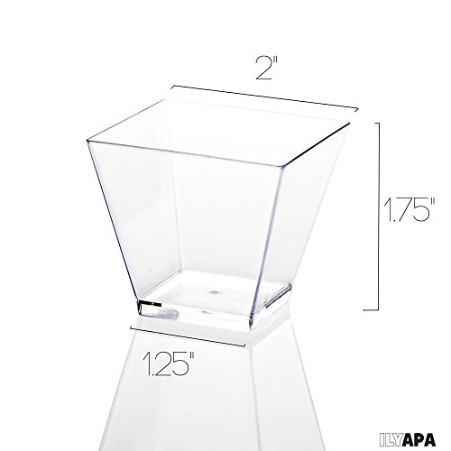 Ilyapa 100 x 2oz Mini Plastic Dessert Cups with Spoons - Dessert Shooter Plastic Glasses, Elegant Mini Appetizer Cups for Chocolate & Cheesecake, Mini Tumbler Square Cup, Puddings, Mousse, Parfaits