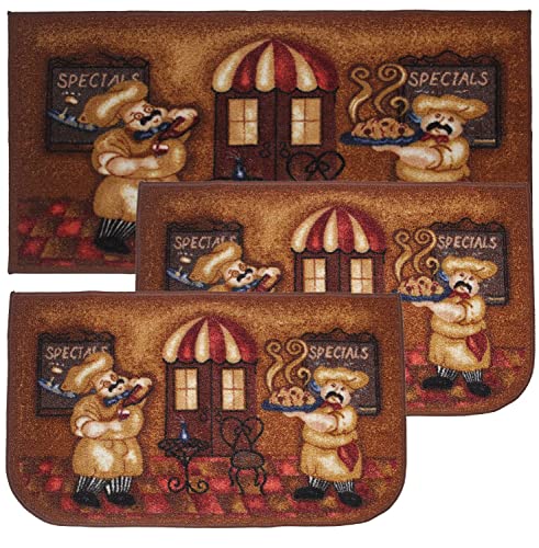 Kashi Home Kitchen Rug, Printed Area Rug, Durable Floor, Door Mat, Farmhouse Non-Slip Carpet Latex Backing Beautiful Design Chef 3pc Set (2 18x30 D Shape & 1 20x40)