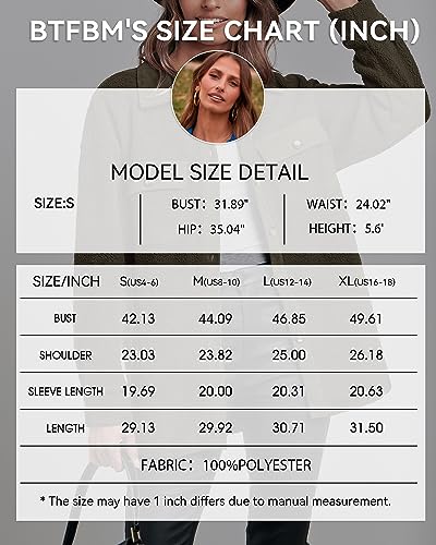 BTFBM Women's 2023 Fall Winter Button Down Shirts Sherpa Jacket Warm Long Sleeve Outerwear Faux Fur Shacket with Pockets(Solid Army Green, X-Large)