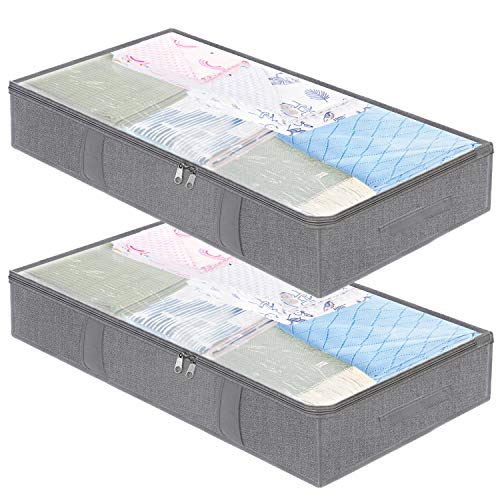 homyfort Underbed Storage Bags Containers 2 Pack - Large Capacity Under Bed Storage Box with 4 Handles and Sturdy Zippers,Clear Window for Blankets,Clothes,Comforters (Grey)