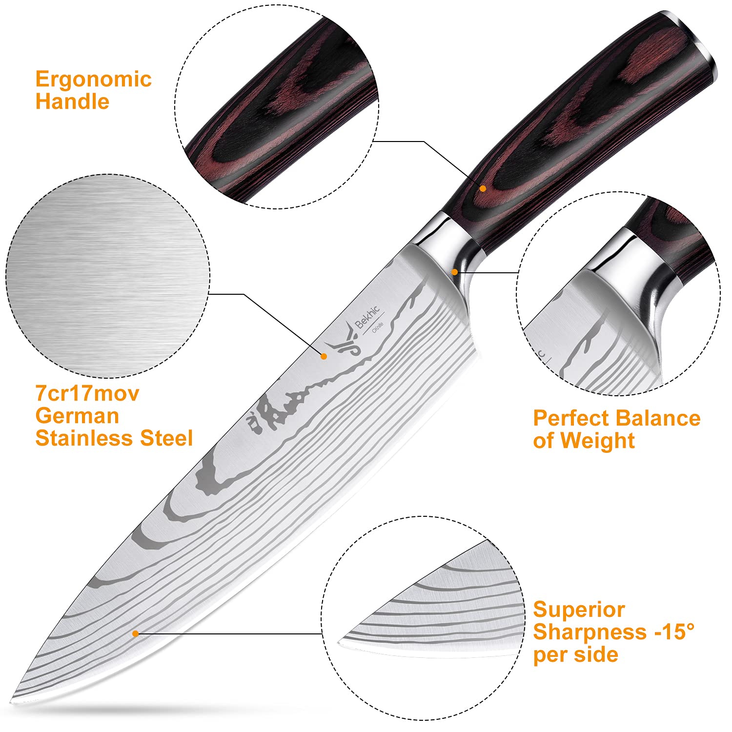 Bekhic Chef Knife - CKnife Pro Kitchen Knife 8-Inch Chef's Knife made of German High Carbon Stainless Steel ,Ergonomic Handle, Ultra Sharp