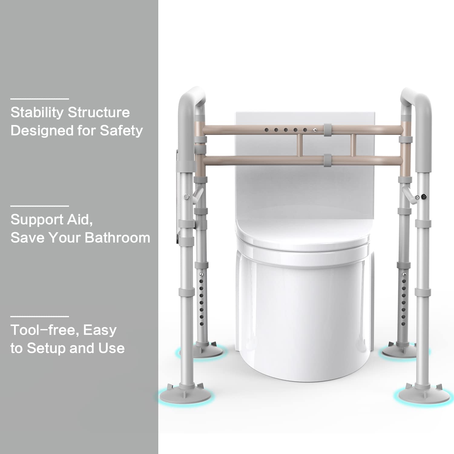 Agrish Stand Alone Toilet Safety Rail - Adjustable Width & Height Fit Any Toilet, Medical Toilet Frame for Elderly Handicap Disabled, Folding Handrails- Silver Grey