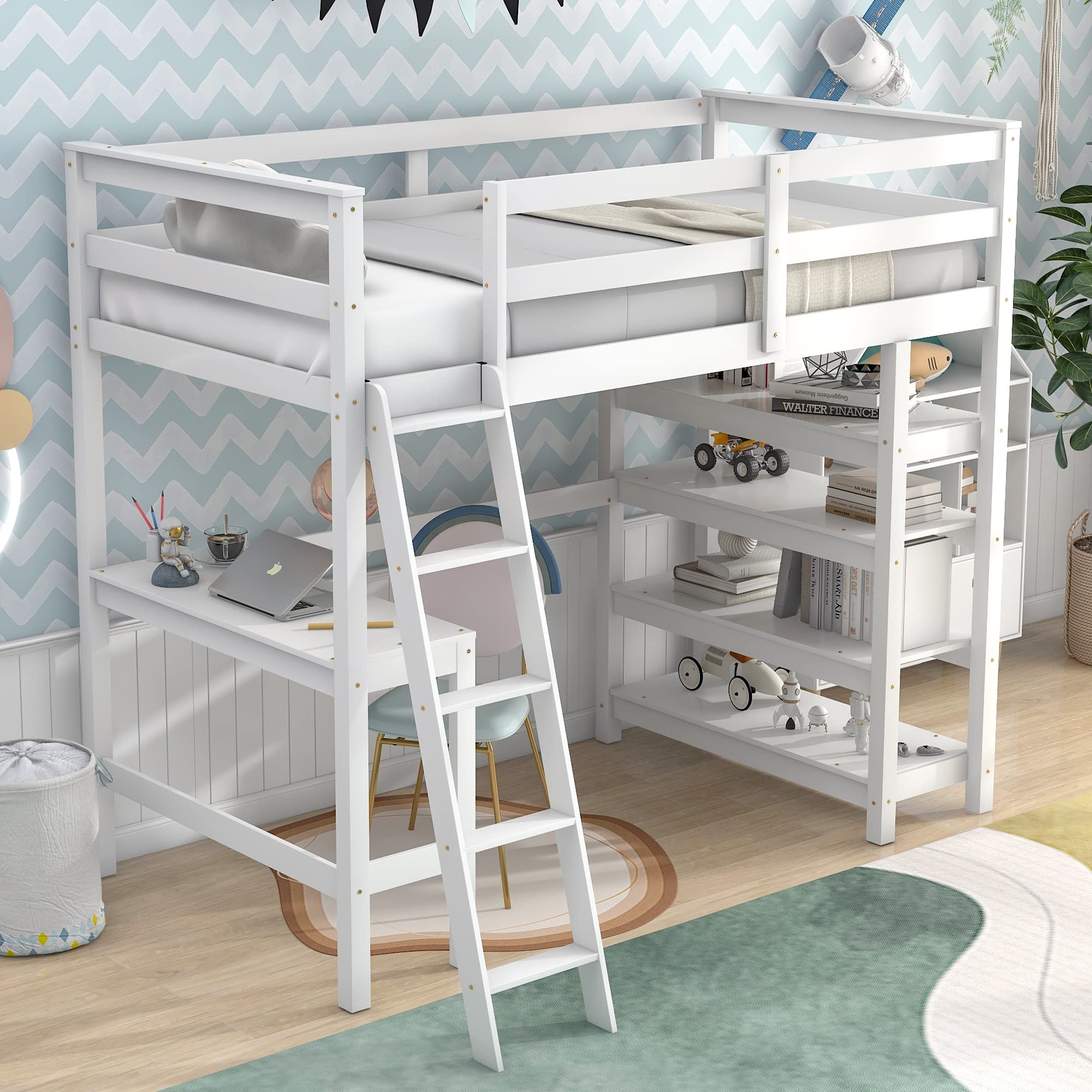 Harper & Bright Designs Twin Size Loft Bed with Desk Underneath Twin Loft Bed with Shelves and Ladder, Wood Loft Bed Twin for Kids Girls Boys,White