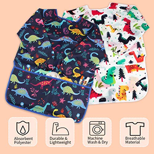 CUBACO 2 Pack Kids Painting Apron Children's Waterproof Artist Apron with Long Sleeve and 3 Pockets for Child 3-8 Years for Art Craft, Cooking, Baking, Feeding (Dinosaur Pattern)