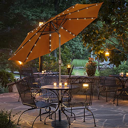 Blissun 9 ft Solar Umbrella 32 LED Lighted Patio Umbrella Table Market Umbrella with Tilt and Crank Outdoor Umbrella for Garden, Deck, Backyard, Pool and Beach, Brown