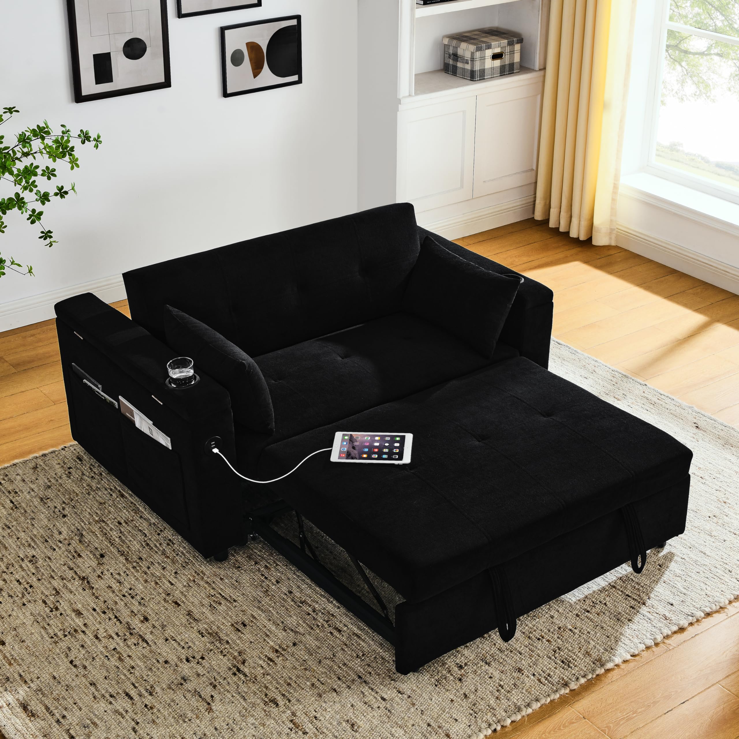 Linique 54'' Convertible Pull-Out Sleeper Sofa Bed with USB Power Outlet, Chenille Upholstered Sleeper Sofabed with Adjustable Backrest/Side Pockets/Cup Holders/Lumbar Pillows (Black)