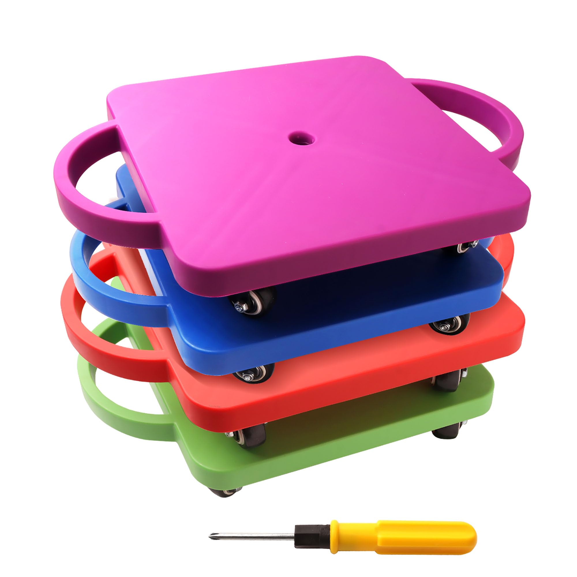 GSE Games & Sports Expert Floor Scooter Board with Handles, Sitting Scooter for Kids Indoor Play Equipment, Fun Scoot Board with Non-Marring Plastic Casters for Children (4 Colors, 4-Pack)