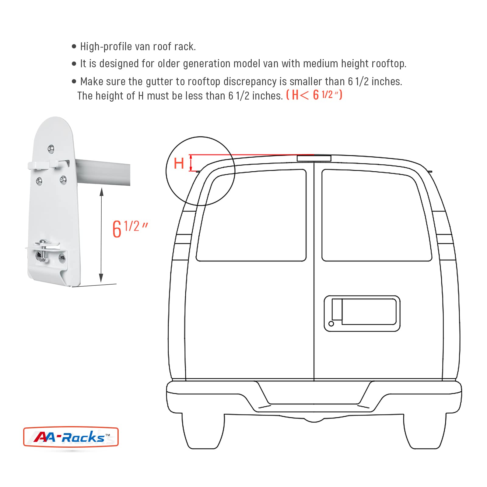 AA-Racks Model X316 HighTop 3 Bar Rain-Gutter Roof Rack Heavy-Duty Adjustable Steel High Roof Rack Matte White