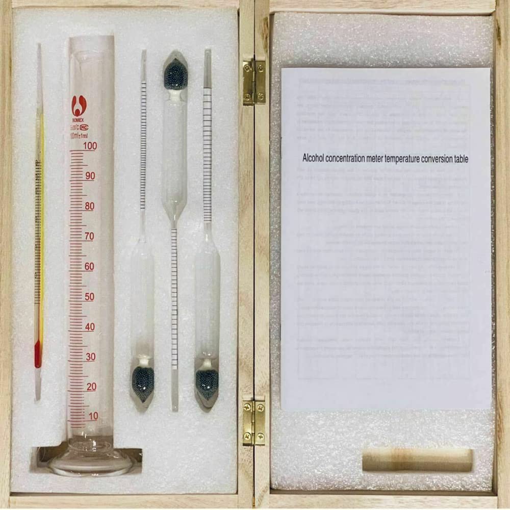 Alcohol Hydrometer Accurate 5 Pieces Alcoholmeter Kit 0-100% (ABV) Tralle 0-100 for Spirits Whiskey Moonshine Distilling Liquors Testing with 100ml Glass Test Jar Carry Storage Wood Box