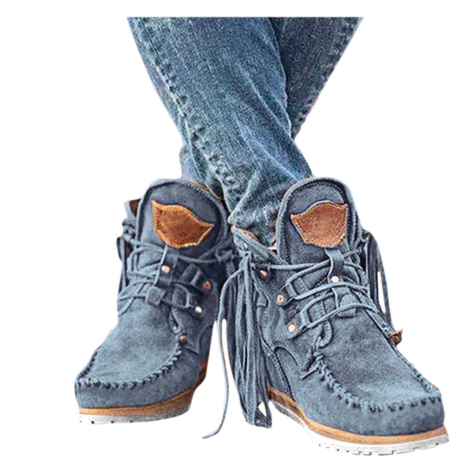 Ankle Booties Elastic Chunky Block High Heels Boots Shoes Tassel Round Retro Toe Ankle Lace Boots for Women Blue