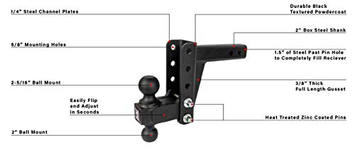 Bulletproof Hitches™ 2.0" Adjustable Medium Duty (14,000lb Rating) 4" Drop/Rise Trailer Hitch with 2" and 2 5/16" Dual Ball (Black Textured Powder Coat)