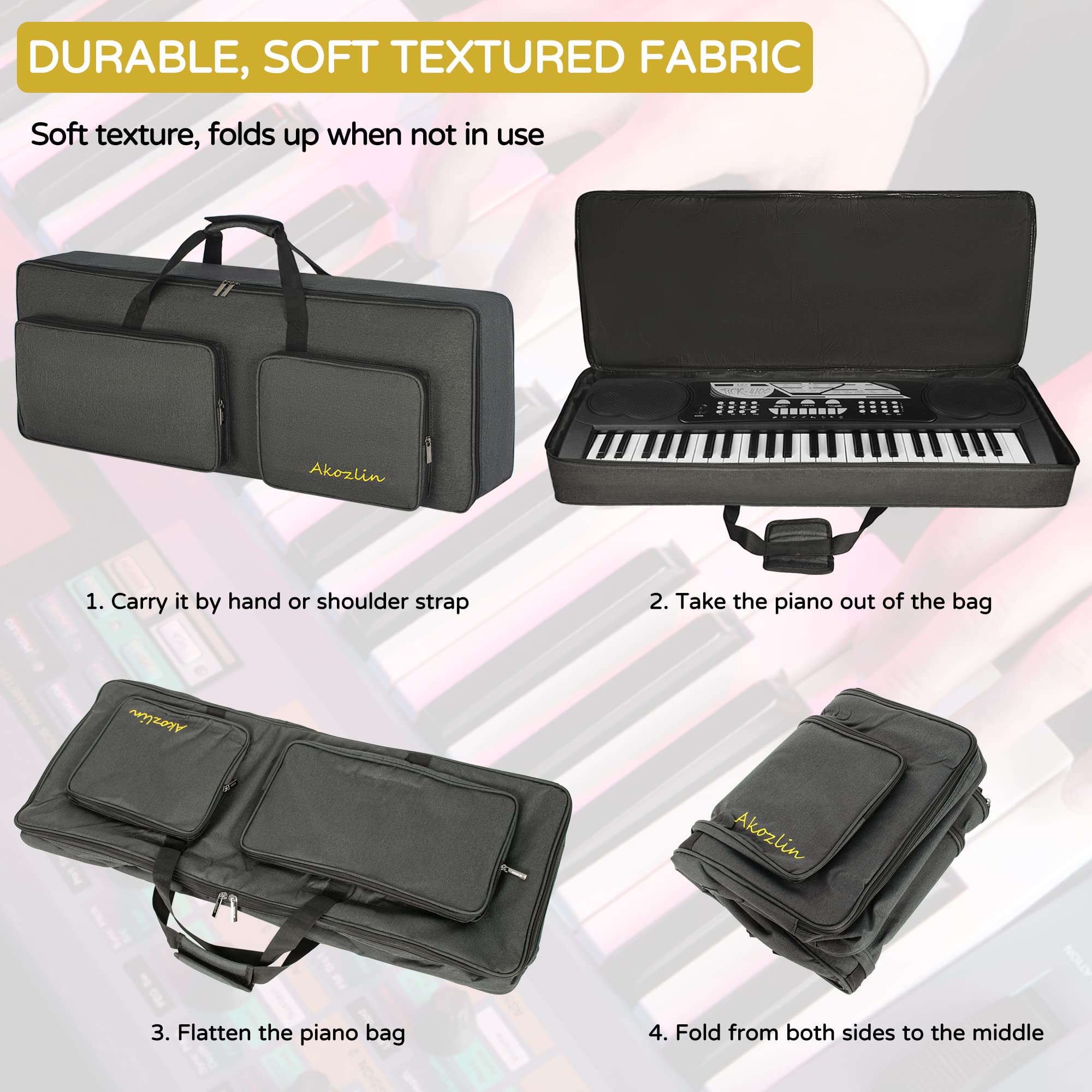 AKOZLIN 49-Key Keyboard Bag Portable Padded Keyboard Case,36.6”×14.2”×4.8” Electric Piano Keyboard Gig Bag Also Fits 54 Note Keyboard (Black)