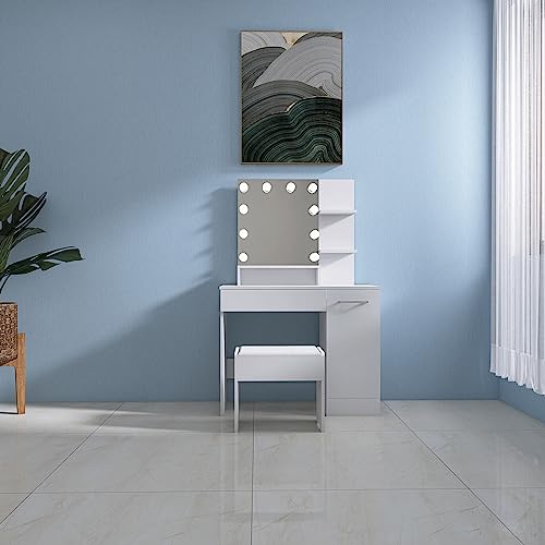 Bituman Makeup Vanity Table with Lighted Mirror, Modern Dressing Table with a Large Drawer White Vanity Set with Cushioned Stool Vanity Desk with Storage Cabinet for Women, Girls, Bedroom, White