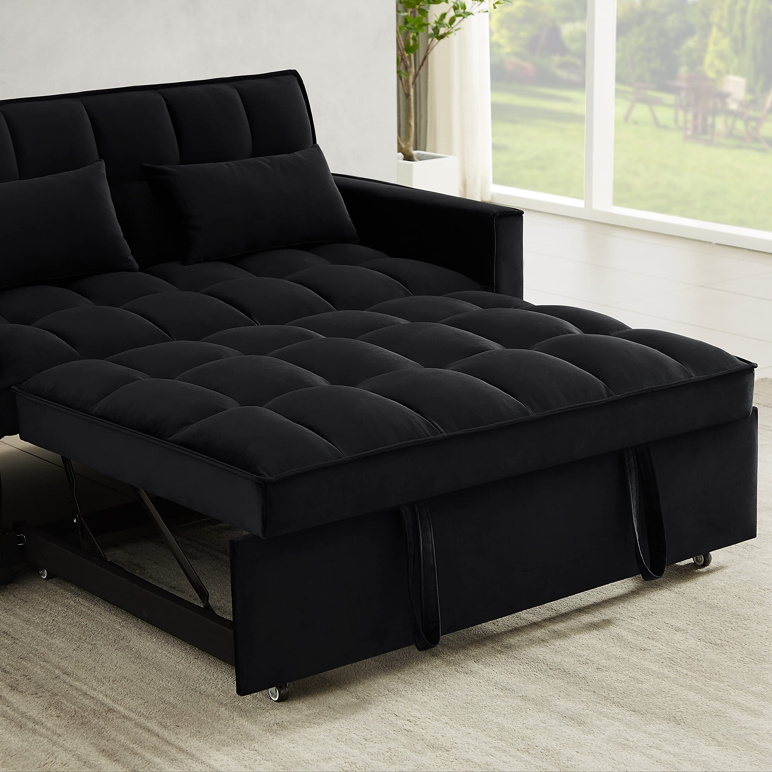 Antetek Convertible Sleeper Sofa Bed, 3 in 1 Velvet Loveseat Futon Sofa Couch with Pullout Bed, Black, 54"