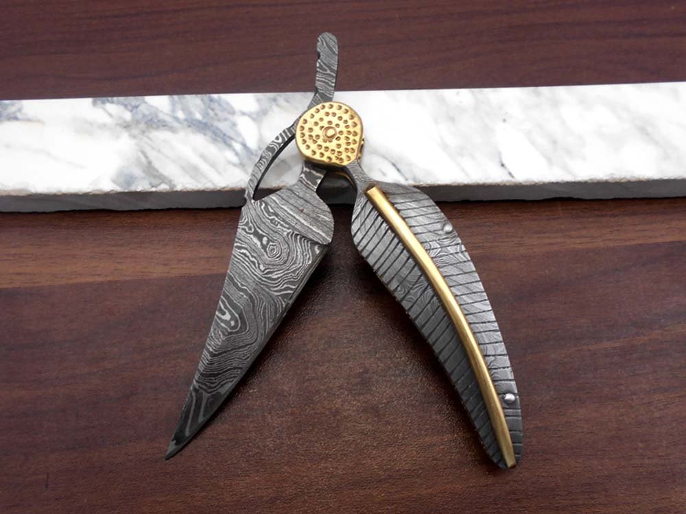 8" hand forged Damascus steel leaf folding pocket knife custom made, Engraved Damascus scale with bras art work cow leather sheath (Damascus) (Full Damascus)