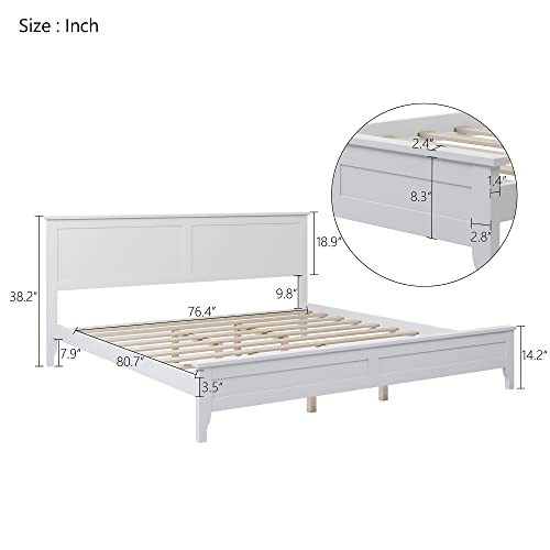 MERITLINE King Size Platform Bed Frame with Headboard/Solid Wood Foundation with Wood Slat Support/No Box Spring Needed/Easy Assembly, Rustic Pine (King, White)