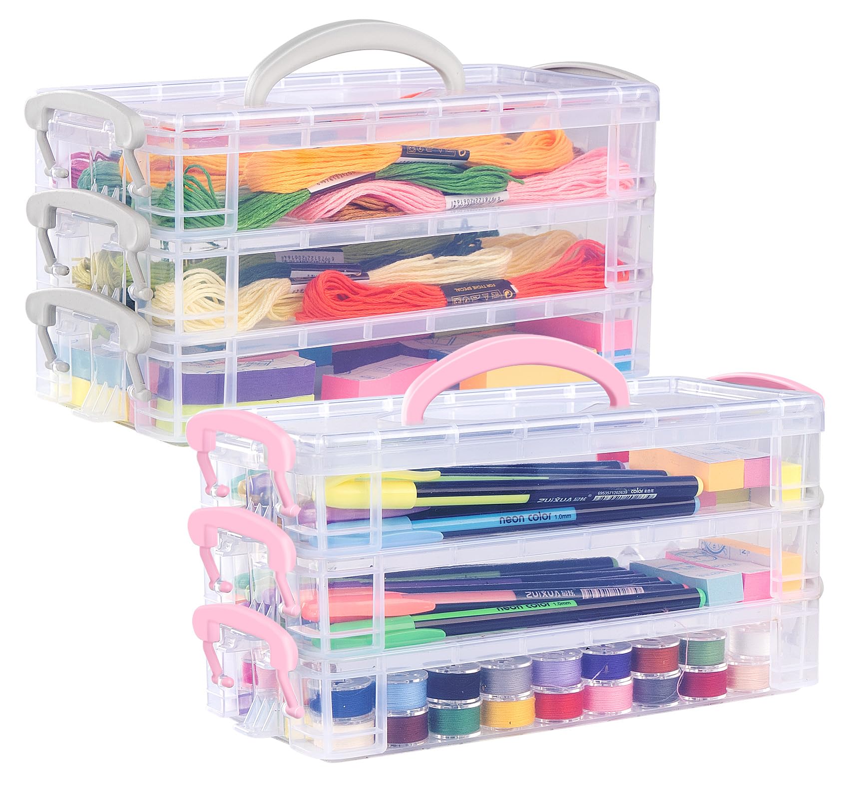 Anstore Storage Bins with Lids, 2 x 3 Tier Stackable Clear Plastic Storage Bins, Storage Container with Handle for Home, Office Supplies and Craft organization and Storage(Pink&Grey)