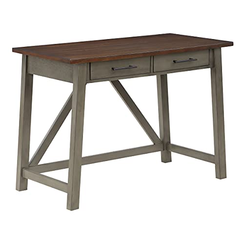 OSP Home Furnishings Milford Rustic 42 Inch Writing Desk with 2 Drawers and Burnished Decorative Hardware, Slate Gray