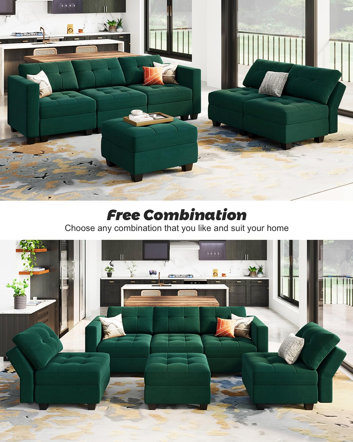 Belffin Modular Sectional Sofa with Storage Seats Velvet Fabric Sleeper Couch with Chaise and Ottomans 6 Seat Modular Sofa Bed Set Green