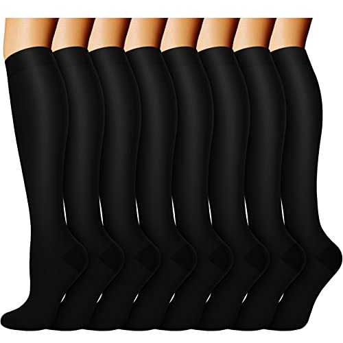 ACTINPUT 8 Pairs Compression Socks Women & Men -Best Medical,Travel & Flight Socks-Running & Fitness,Pregnancy (L/XL, Black)