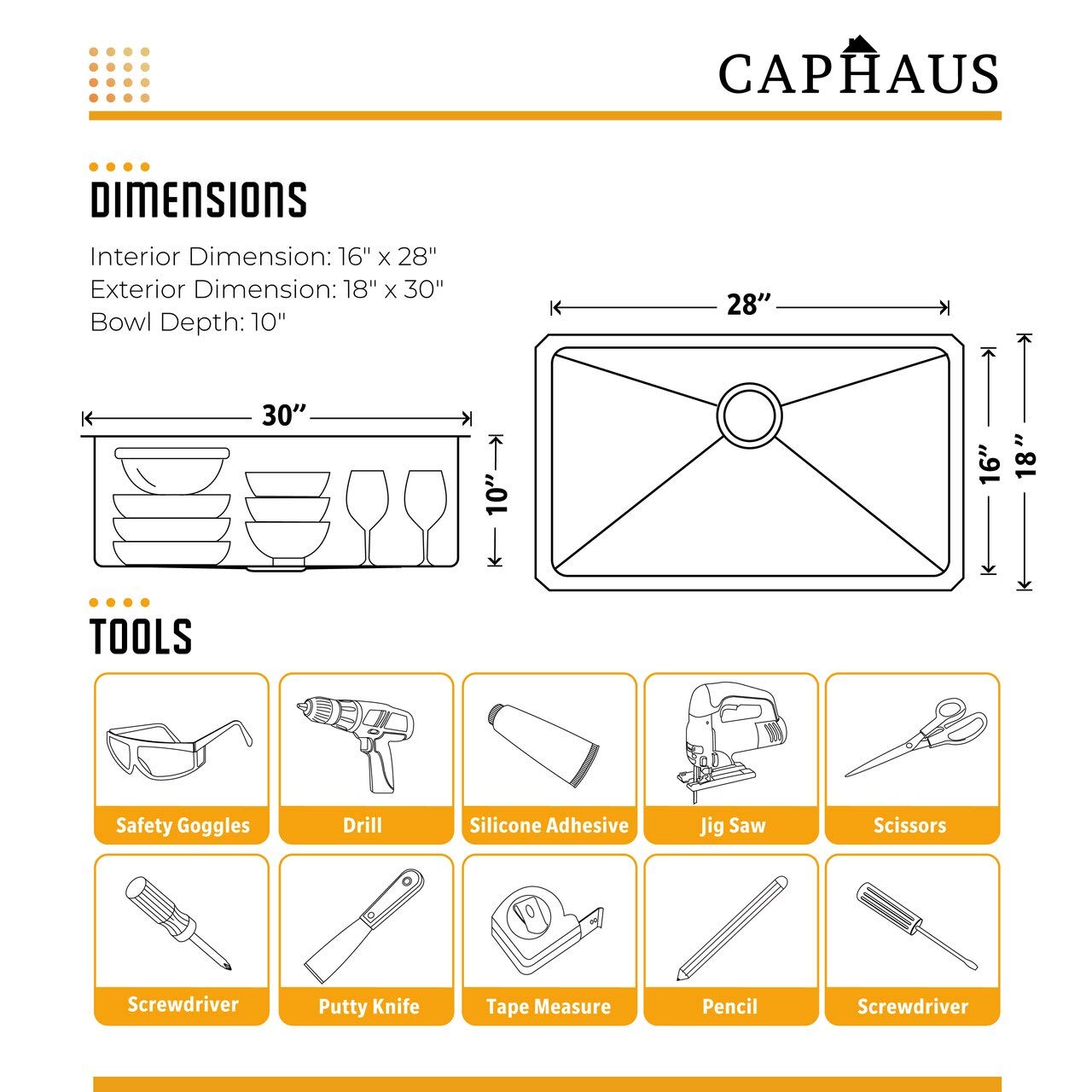 CAPHAUS Undermount Single or Double Bowl 16 Gauge Stainless Steel Kitchen Sink, Mutiple Choices for 30-inch, 31-inch, 32-inch, w/Drain Strainer and Bottom Grid
