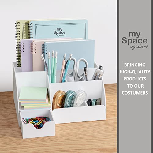Office Desk Organizer, White Acrylic, with Drawer, 9 Compartments, All in One Office Supplies and Cool Desk Accessories Organizer, Pen Holder, Enhance Your Office Decor Desktop Organizer (White)