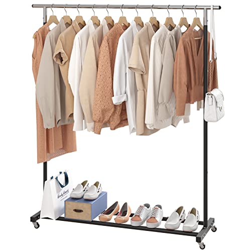 Buzowruil Clothing Rack Clothes Rack Standard Rod Simple Rolling Metal Garment Rack Organizer Freestanding Hanger with Wheels,Black with Silver