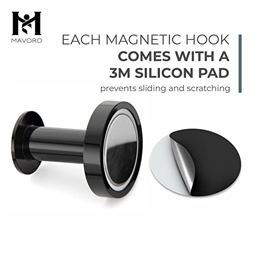 Mavoro Strong Magnetic Hooks for Hanging Coats and Bags. Set of 4 Black Magnet Hooks Heavy Duty Magnets, Neodymium 52 Rare Earth Magnets. Push Pin Style Magnet Hook for Refrigerator, Locker etc