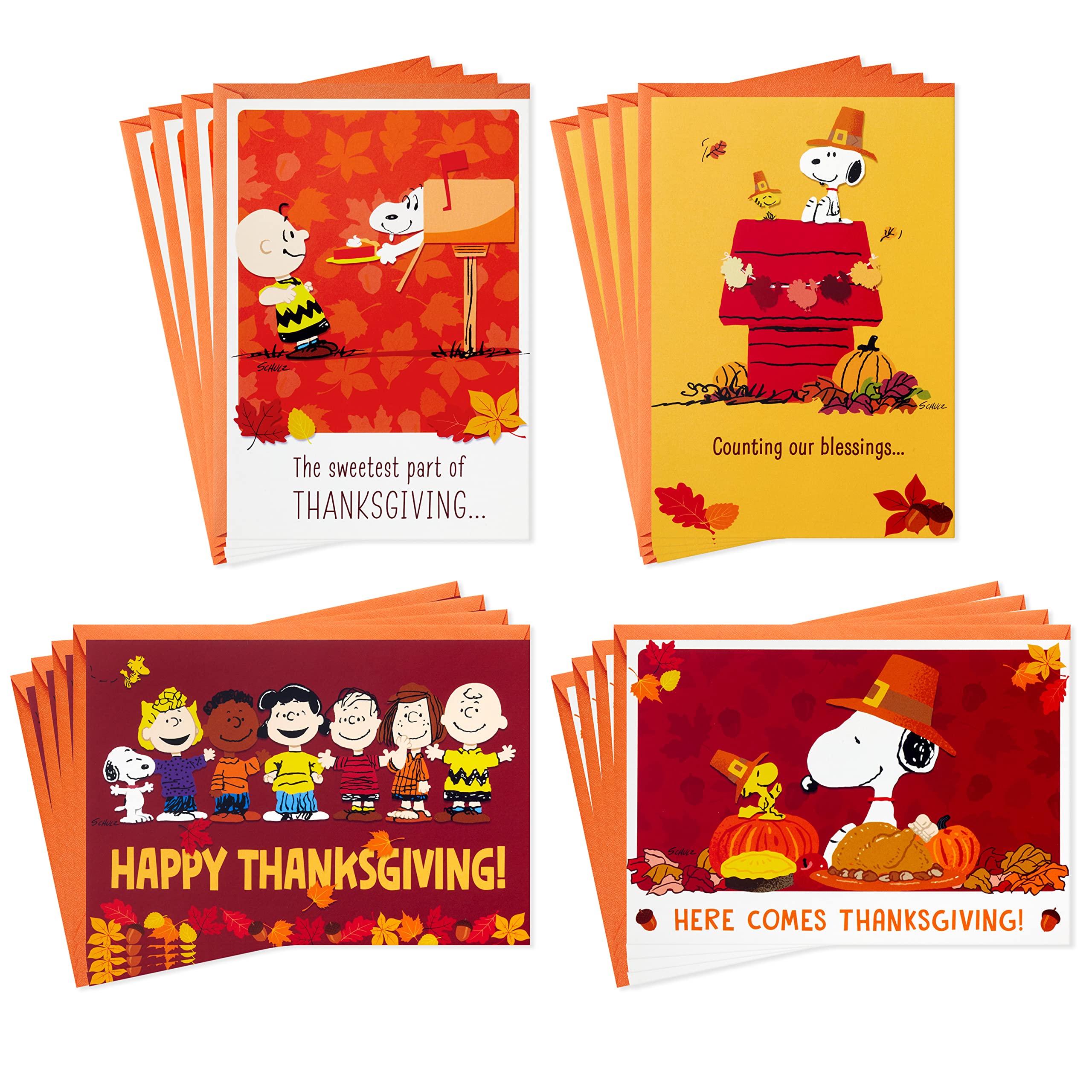 Hallmark Peanuts Thanksgiving Cards Assortment, Snoopy and Friends (16 Assorted Cards with Envelopes)